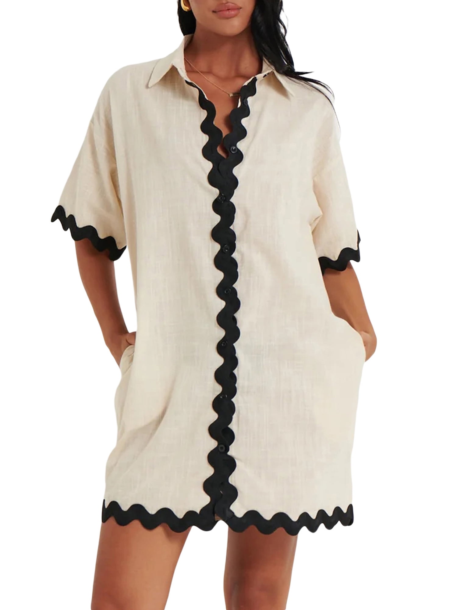 vera natura Women's Summer Shirt Dress Contrast Trim Ric Rac Short ...