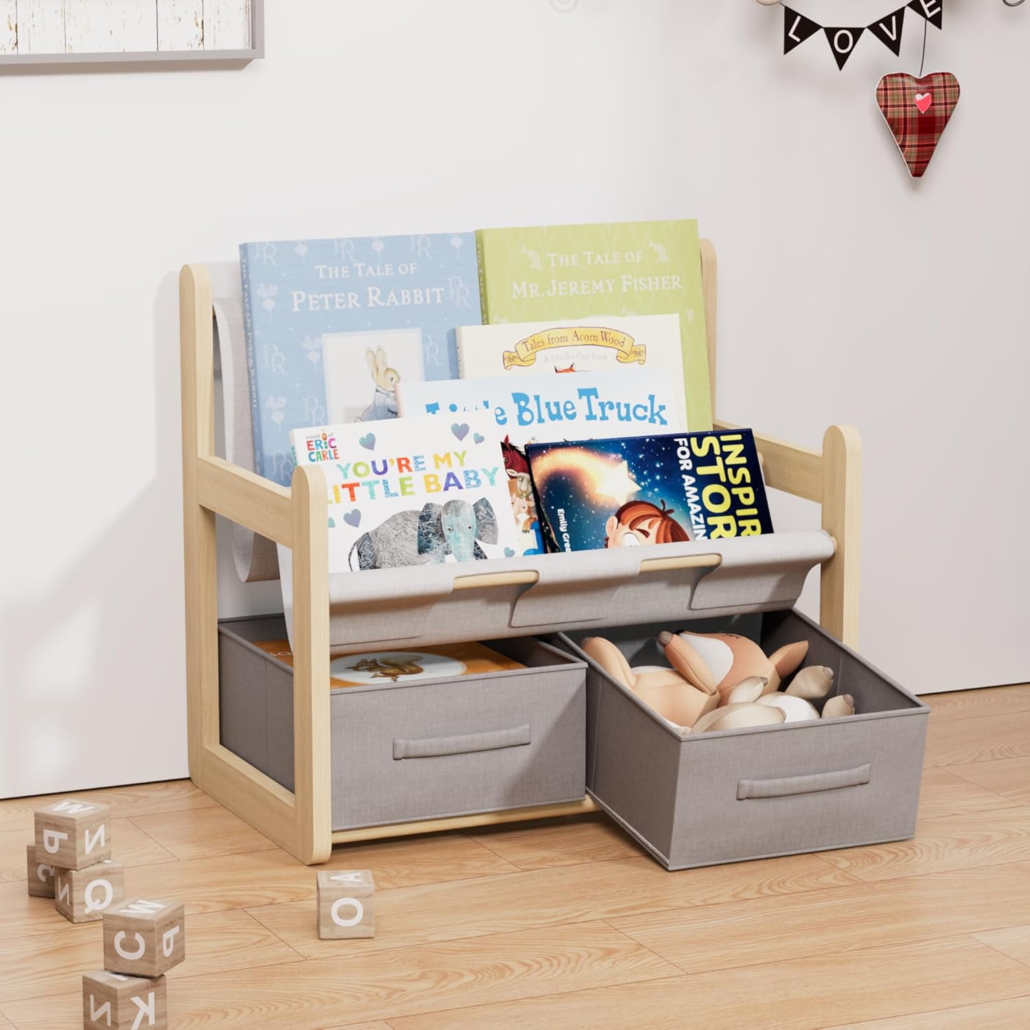 vftybngy 3-Tier Kids Bookshelf with Drawers Solid Rubberwood Montessori ...