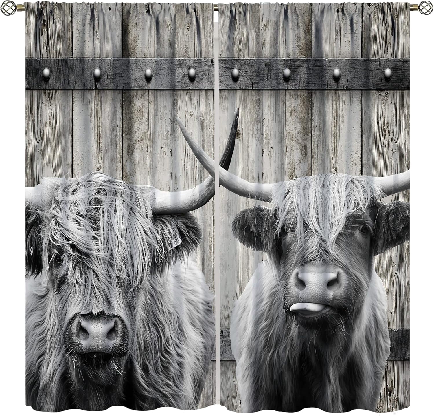 vftybngy Highland Cow Curtains Western Country Barn Door Wood Panel Gray Bull Farmhouse Animal ...