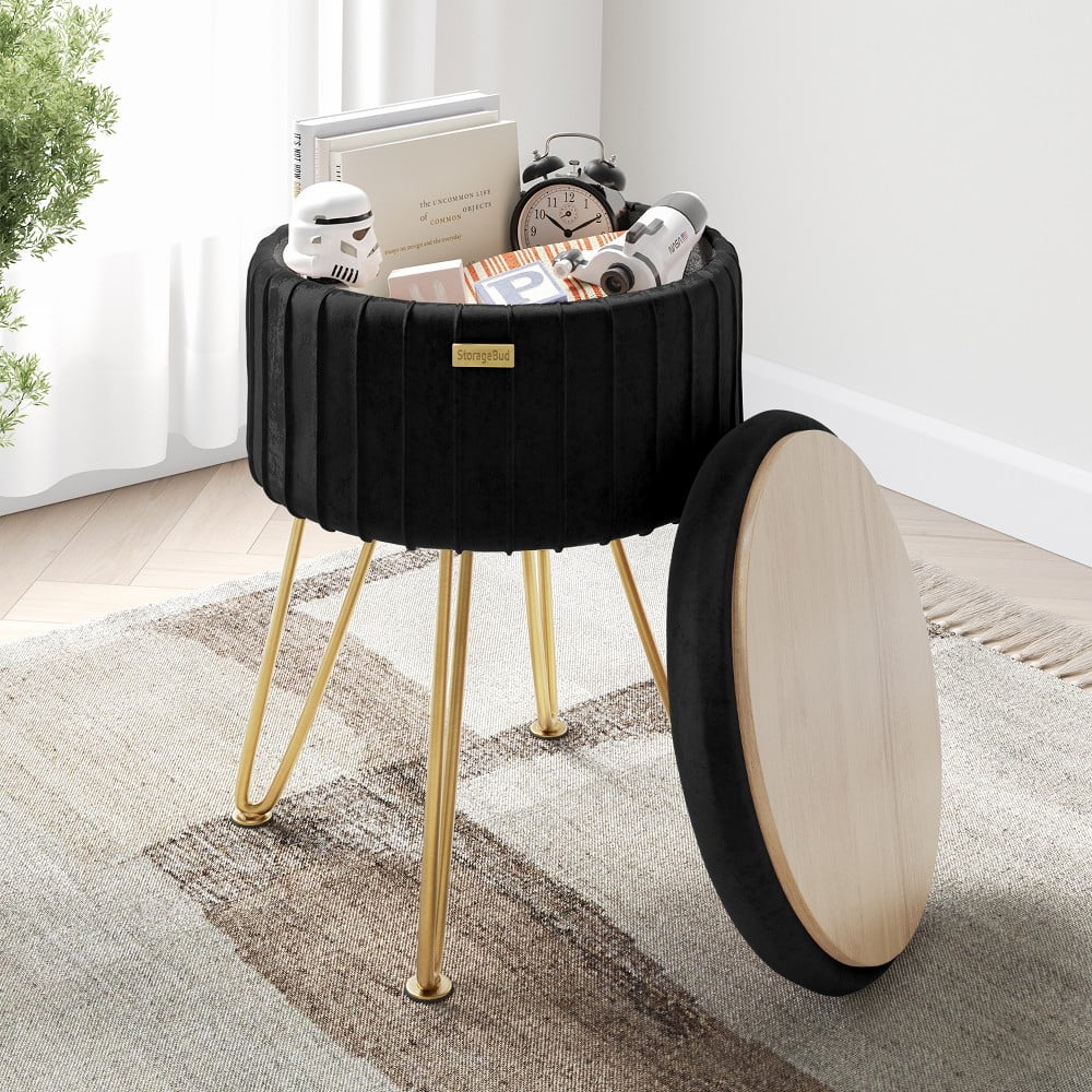 vhibuom Pleated Velvet Storage Ottoman Round Ottoman with Storage Foot ...