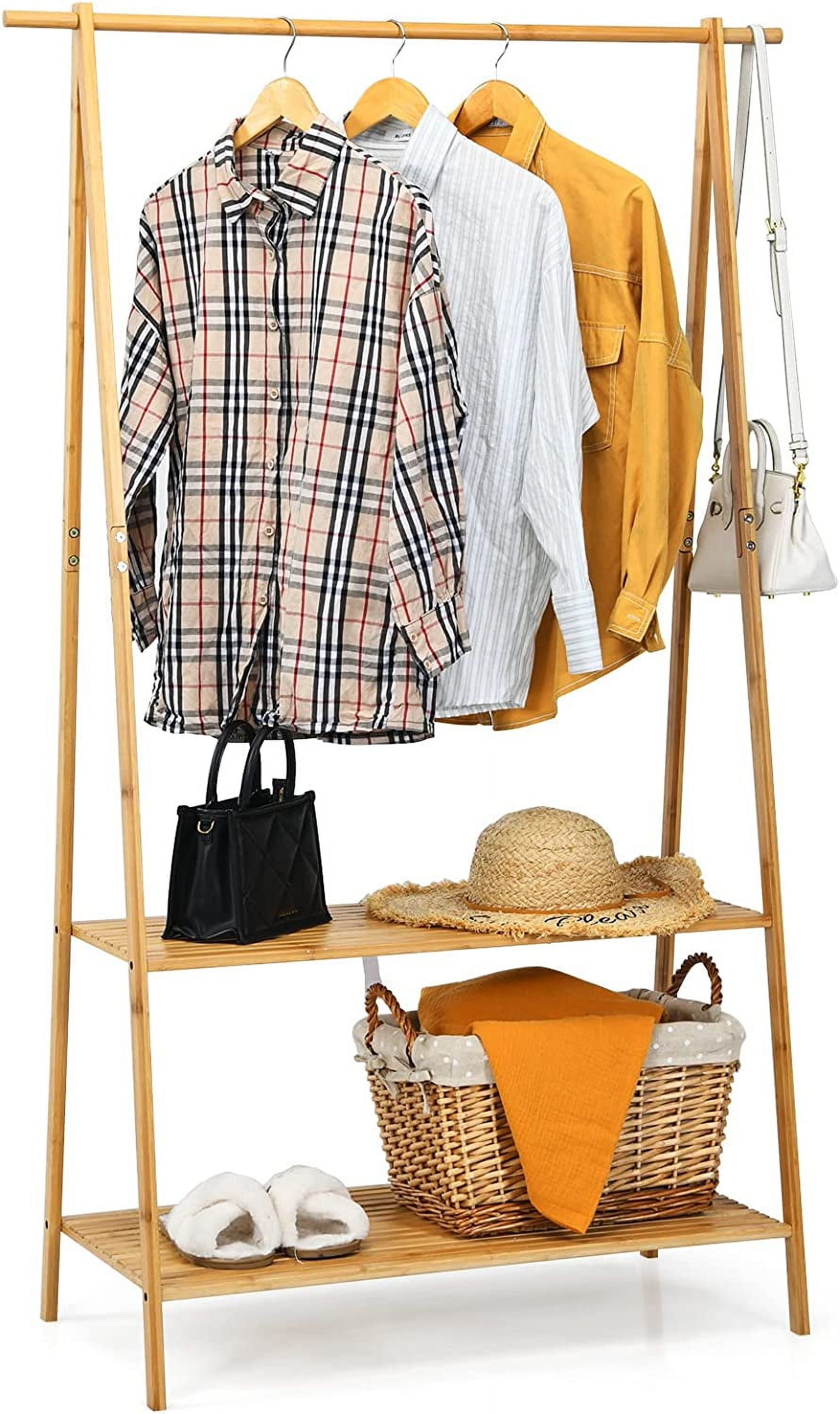 dxynlzq Bamboo Garment Rack Freestanding Clothes Rack with 2-Tier Storage Shelves Easy Assemble ...