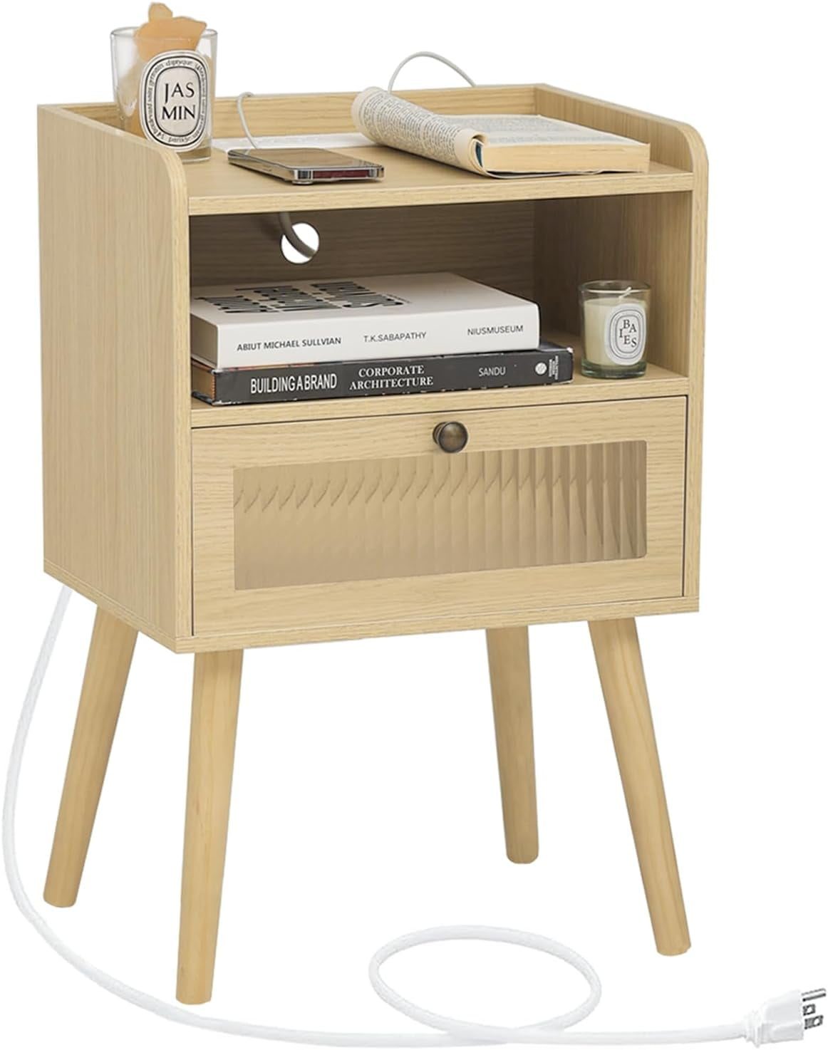 vhibuon LTKIF Night Stand Bedside with Glass Storage Drawer and Large ...