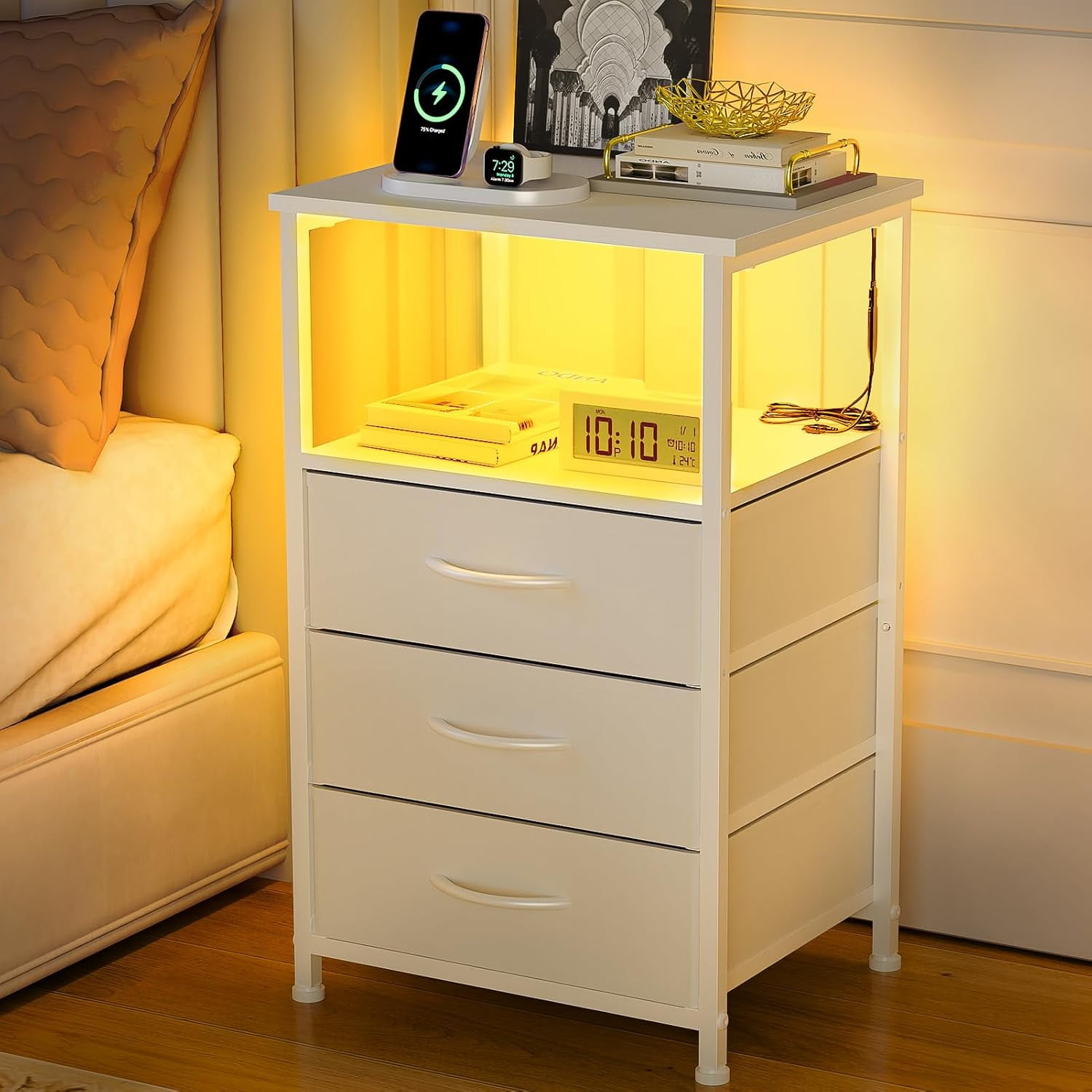 dxynlzq Nightstand with Drawers White NightStand with LED Light Bedside ...