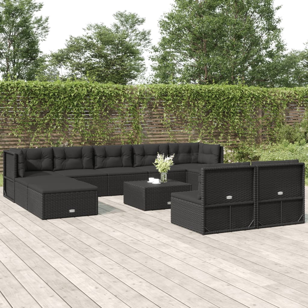 vidaXL 10 Piece Patio Lounge Set with Cushions Black Poly Rattan ...