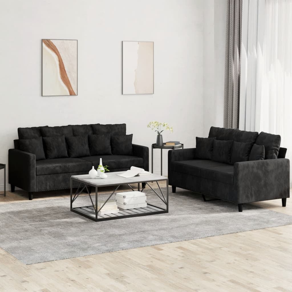 vidaXL Modern Living Room Black Velvet 2 Piece Sofa Set with Cushions ...
