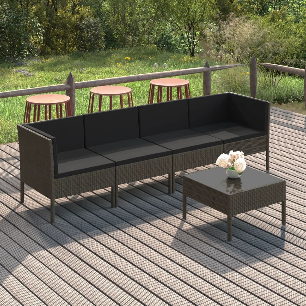 vidaXL 5 Piece Patio Lounge Set with Cushions Poly Rattan Gray ...