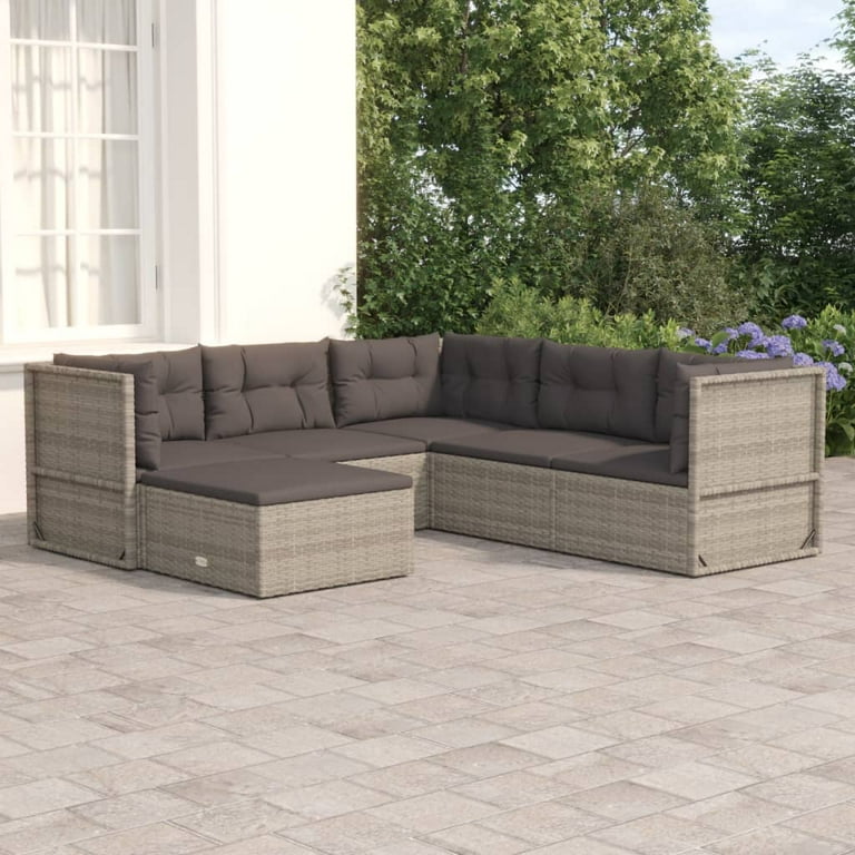 vidaXL 6 Piece Patio Lounge Set with Cushions Gray Poly Rattan