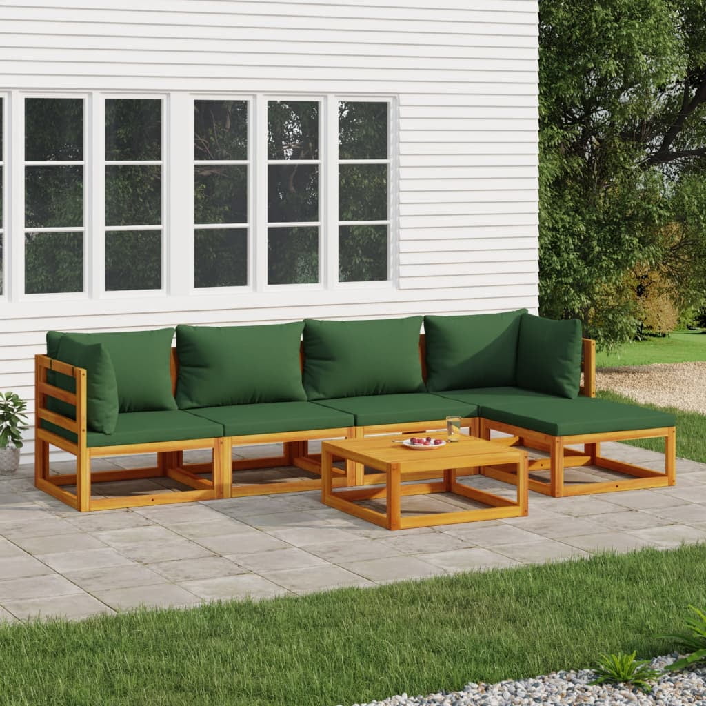 vidaXL 6 Piece Patio Lounge Set with Green Cushions Solid Wood ...