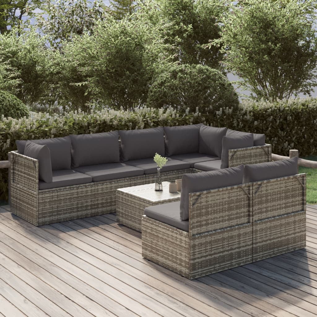 vidaXL 8 Piece Patio Lounge Set with Cushions Gray Poly Rattan ...