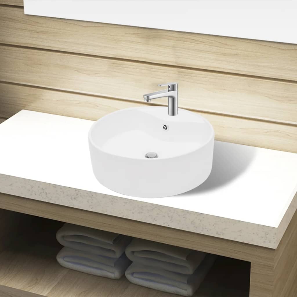 vidaXL Ceramic Bathroom Sink Basin Faucet/Overflow Hole White Round ...