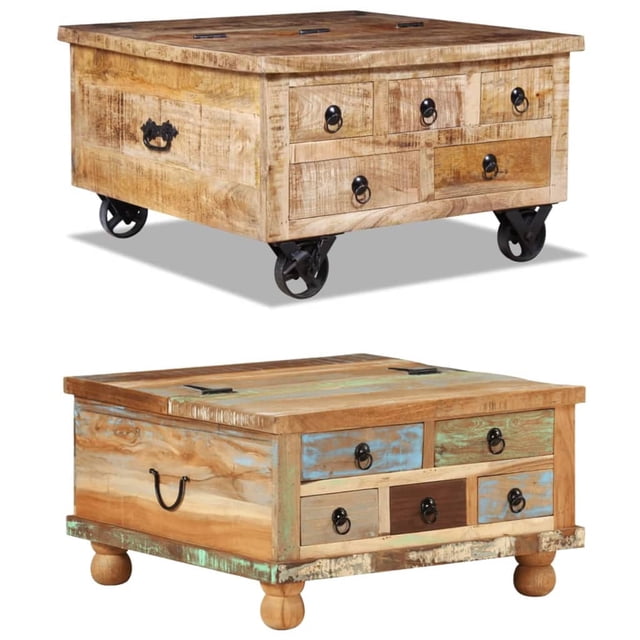 vidaXL Coffee Table with Wheels Side End Table with Drawer Solid Wood ...