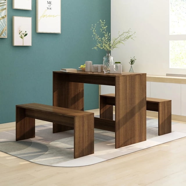 vidaXL Dining Set 3 Piece Dining Table Set with 2 Benches Engineered ...