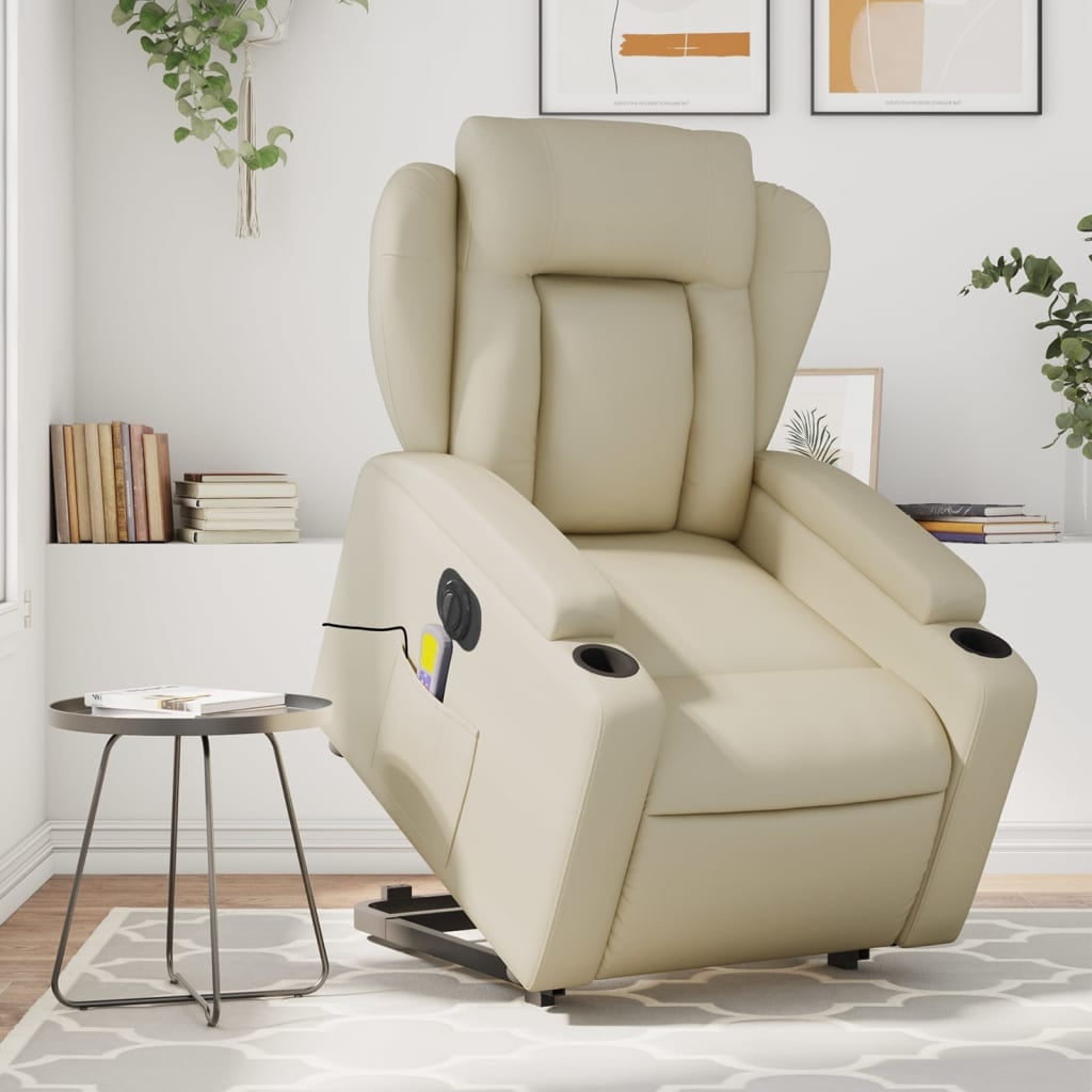 vidaXL Electric Stand up Massage Recliner Chair Cream Faux Leather ...