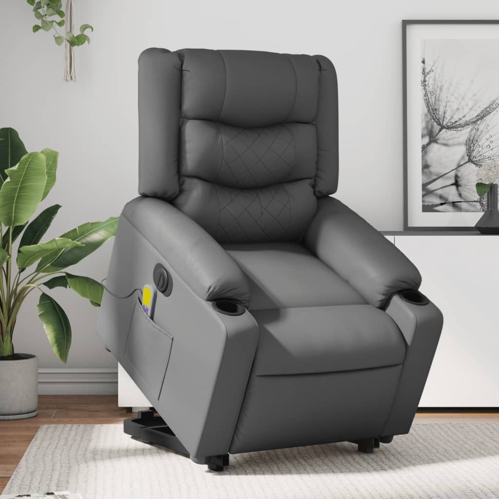 vidaXL Electric Stand up Massage Recliner Chair Gray Faux Leather ...