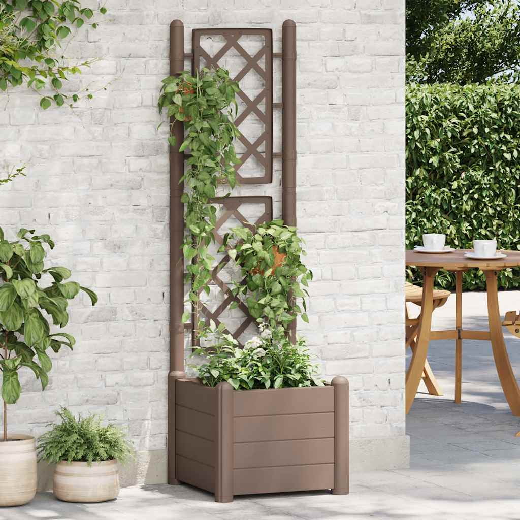 vidaXL Garden Raised Bed with Trellis, Planter with Drainage Hole, Mocha, 16.9"x16.9"x55.9", PP ...