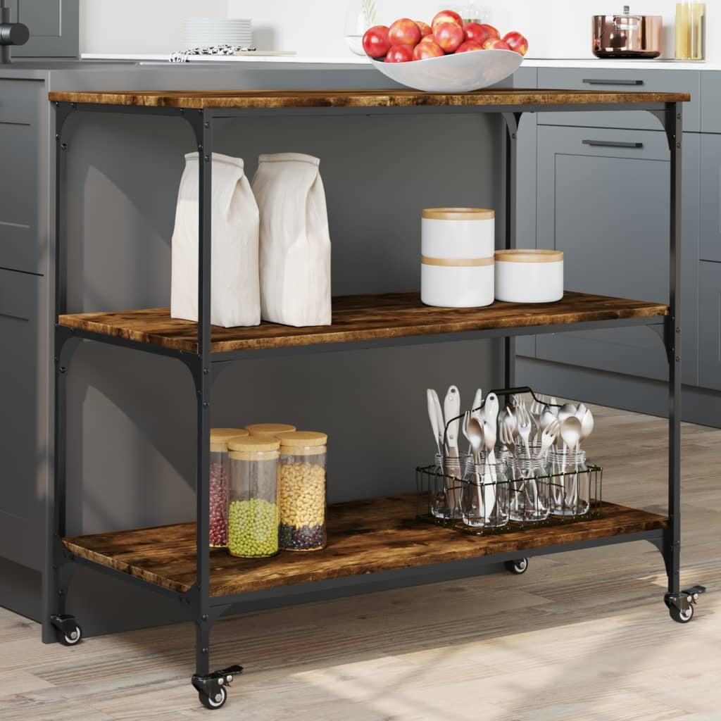 vidaXL Kitchen Trolley Smoked Oak 40.2"x19.7"x37.4" Engineered Wood ...