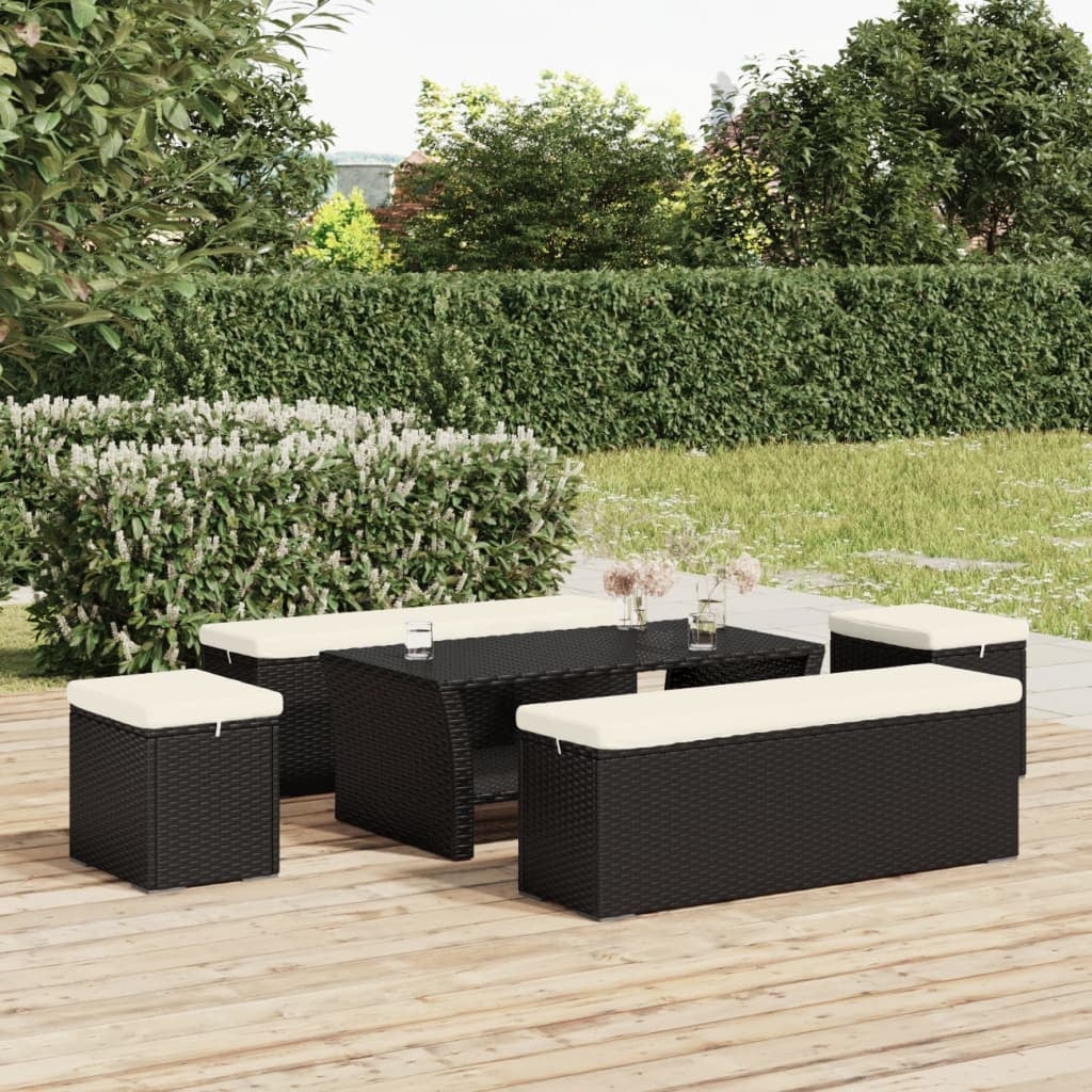 vidaXL Outdoor Ottoman, Black Poly Rattan Footstool, Cushions Included ...