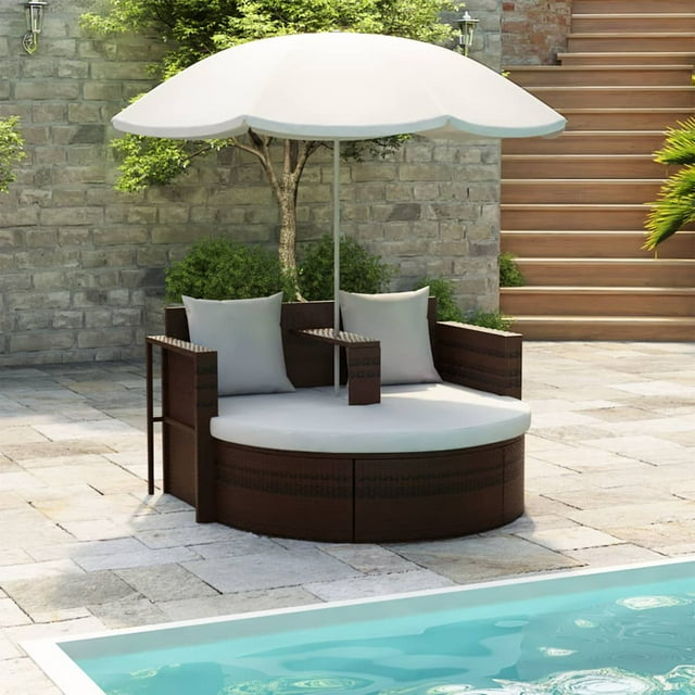 vidaXL Outdoor Lounge Furniture, Patio Bed with Parasol, Poly Rattan ...