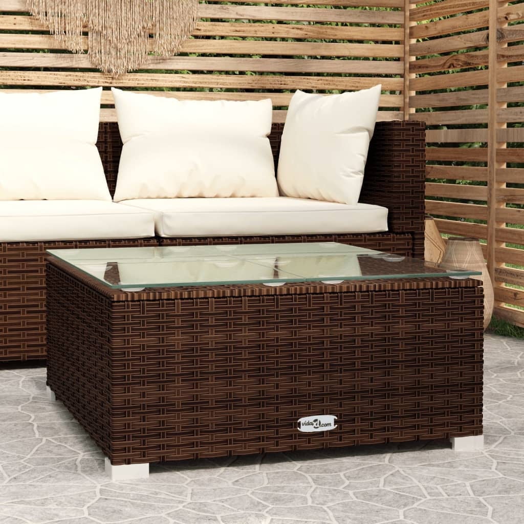 vidaXL Outdoor Patio Coffee Table, Brown PE Rattan and Glass, Backyard ...