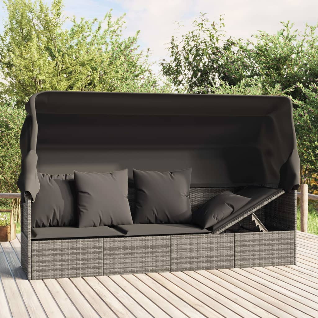 vidaXL Patio Lounge Bed with Roof and Cushions Adjustable Day Bed Poly ...