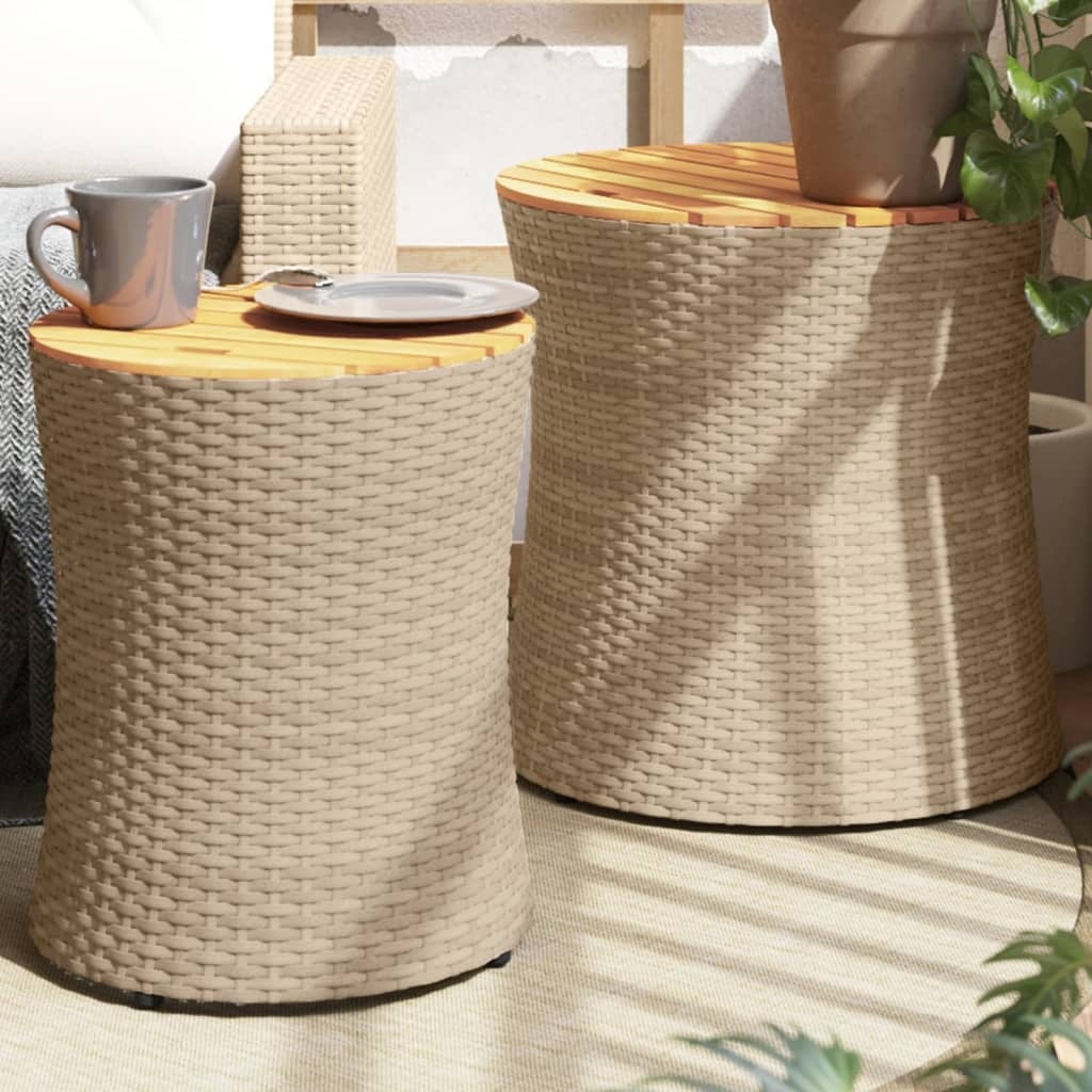 vidaXL Patio Side Tables 2 pcs with Wooden Top Beige Poly Rattan ...