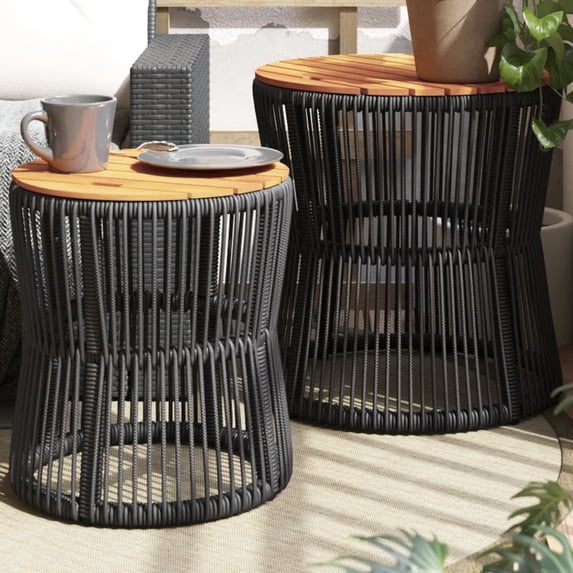 vidaXL Patio Side Tables 2 pcs with Wooden Top Black Poly Rattan ...