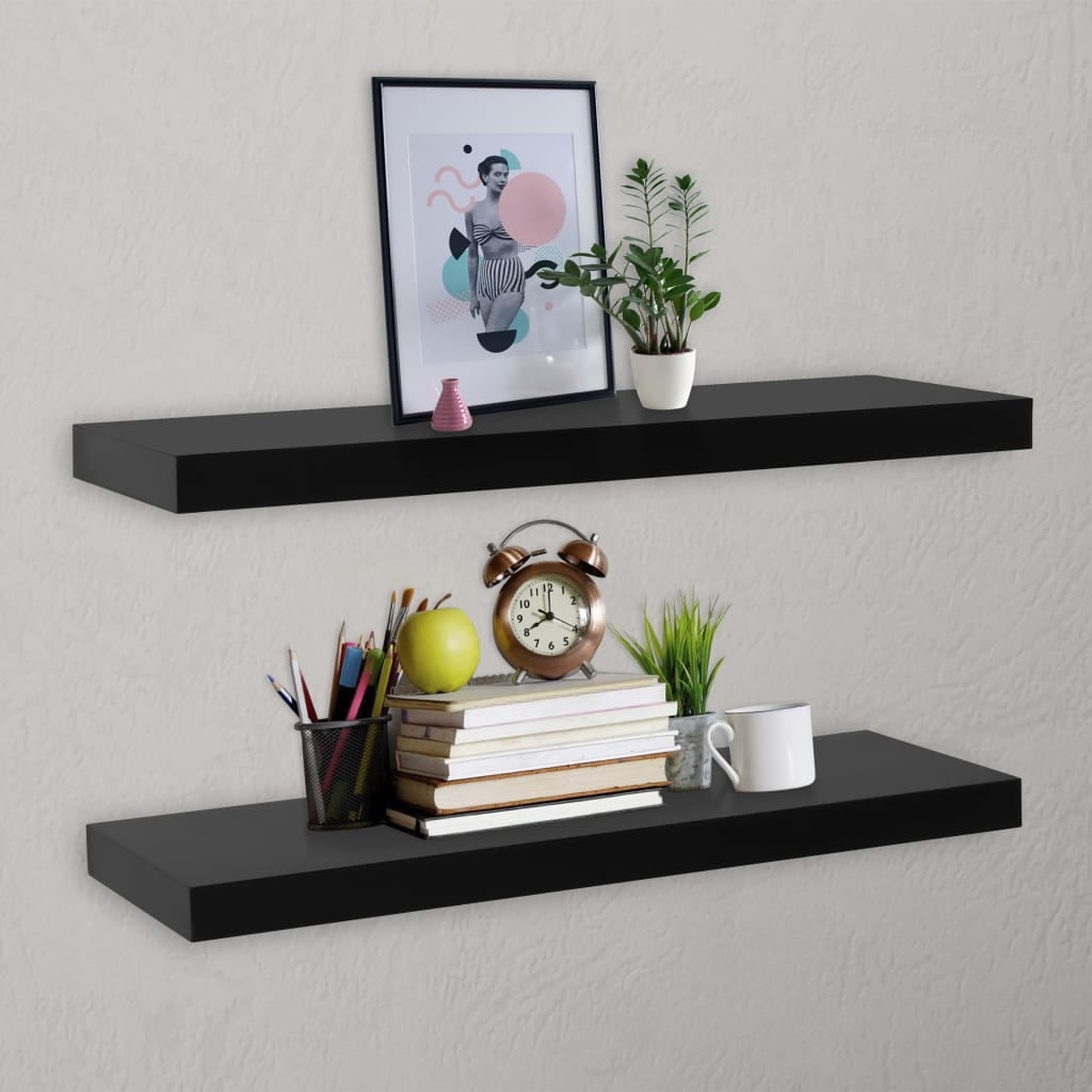 vidaXL Black Floating Wall Mounted Shelves, MDF Display Shelf Set of 2 ...