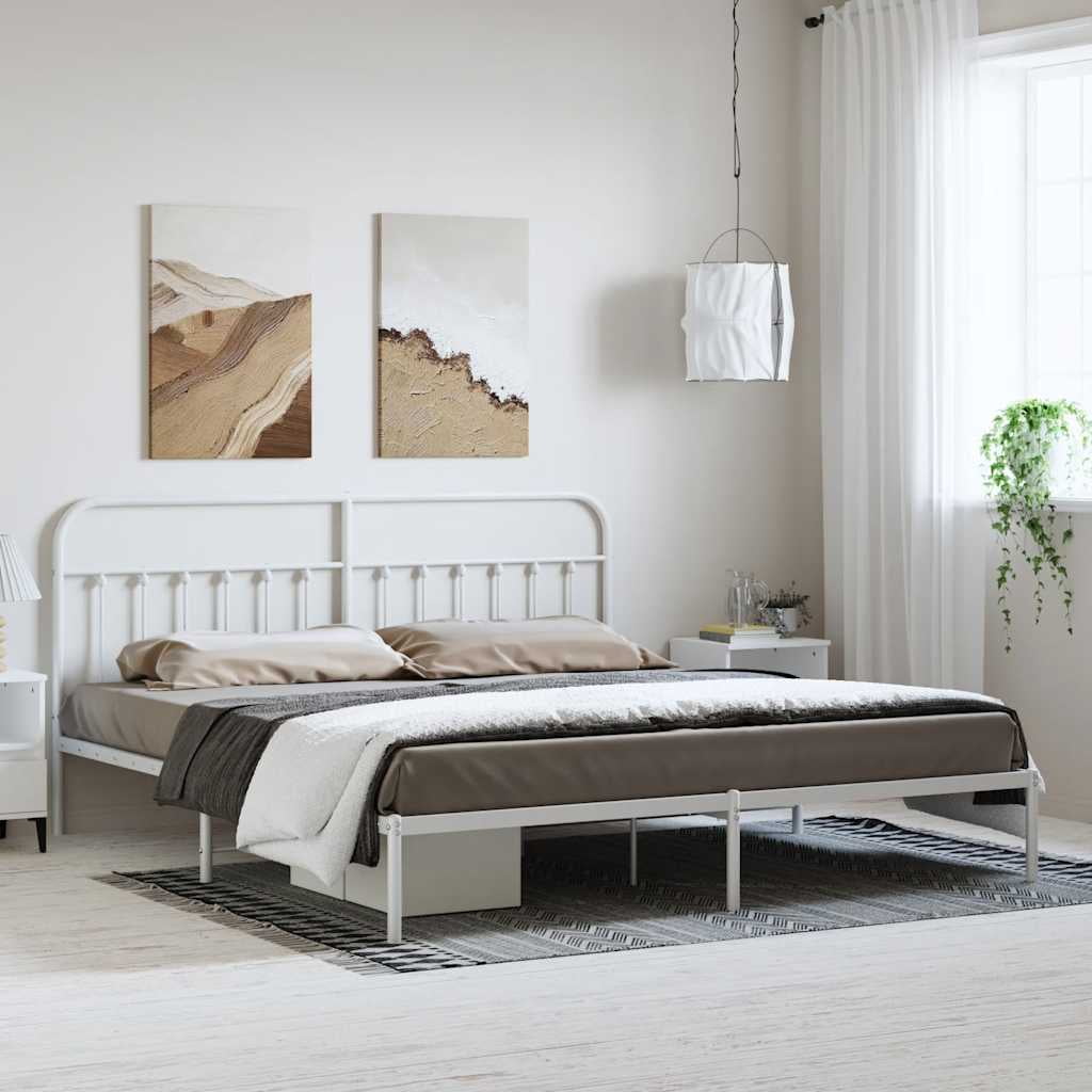 vidaXL White California King Metal Bed Frame with Headboard & Slats, No ...