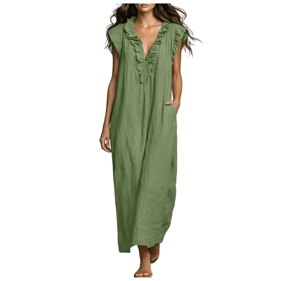 vigerkar 2026 Women's Cotton Linen Maxi Dress, Casual V-Neck Loose ...
