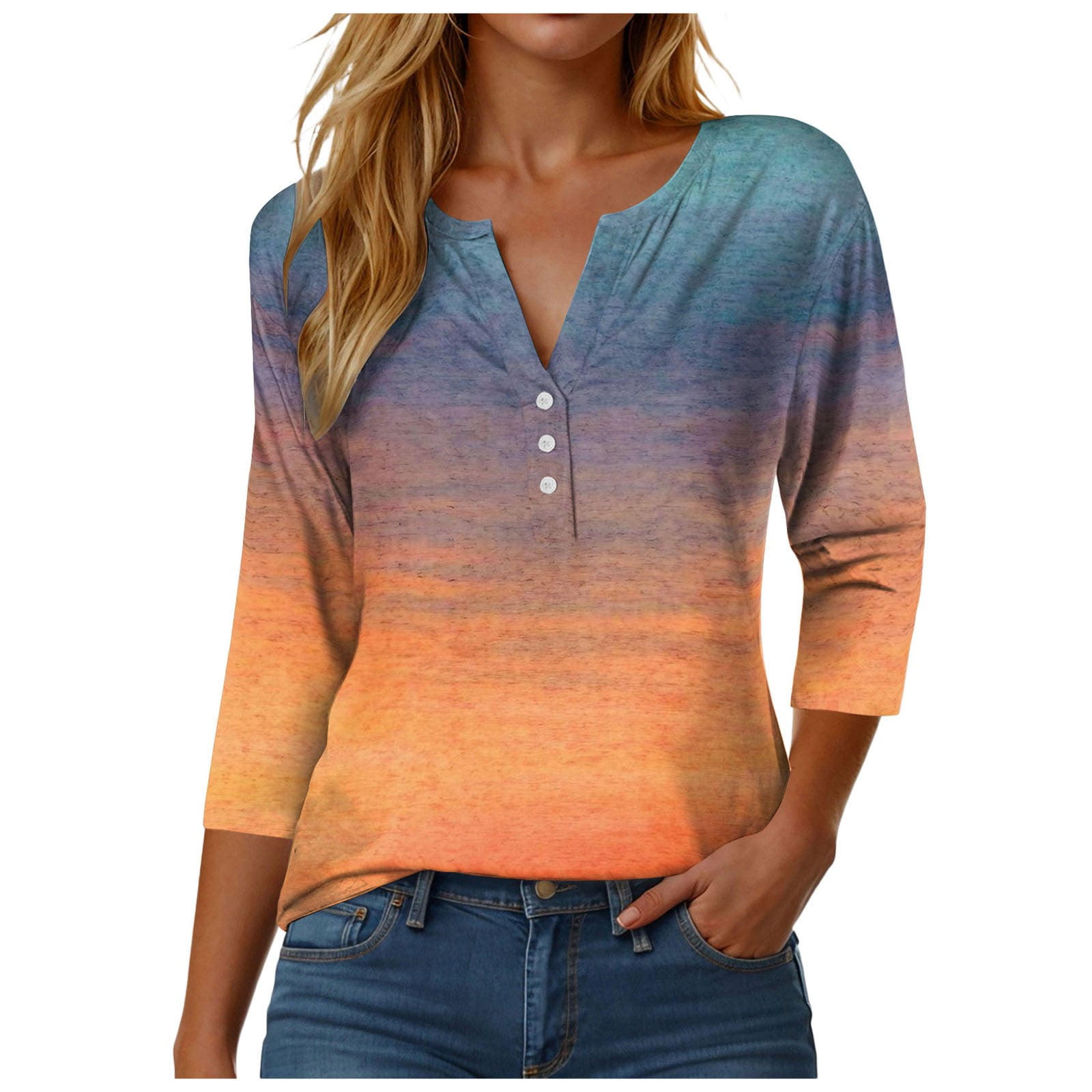 vigerkar 3/4 Length Sleeve Womens Tops Button Down Summer V Neck Shirts Blouses Dressy Gradient ...