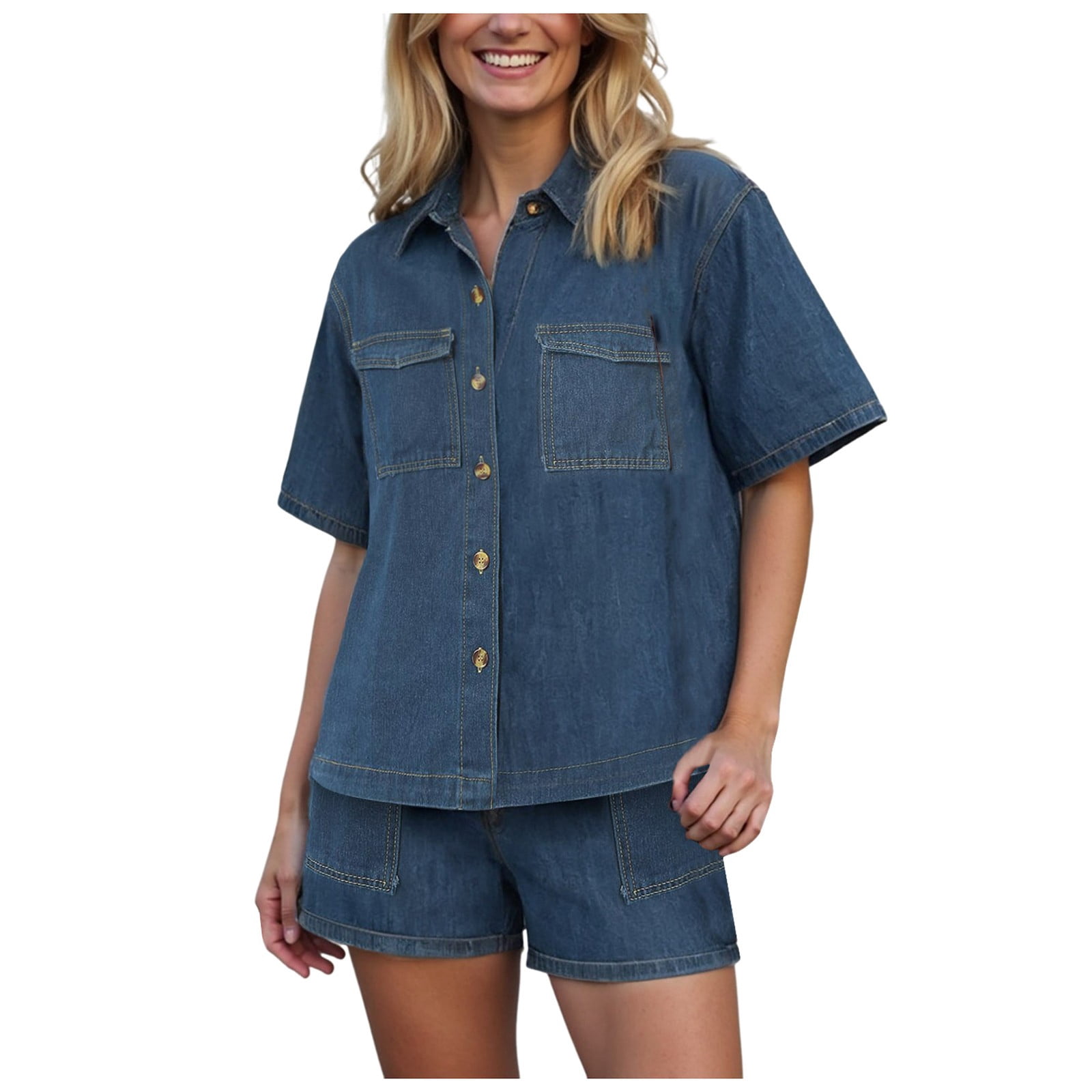 vigerkar Denim Set for Women 2 piece Casual Short Sleeve Button Down ...