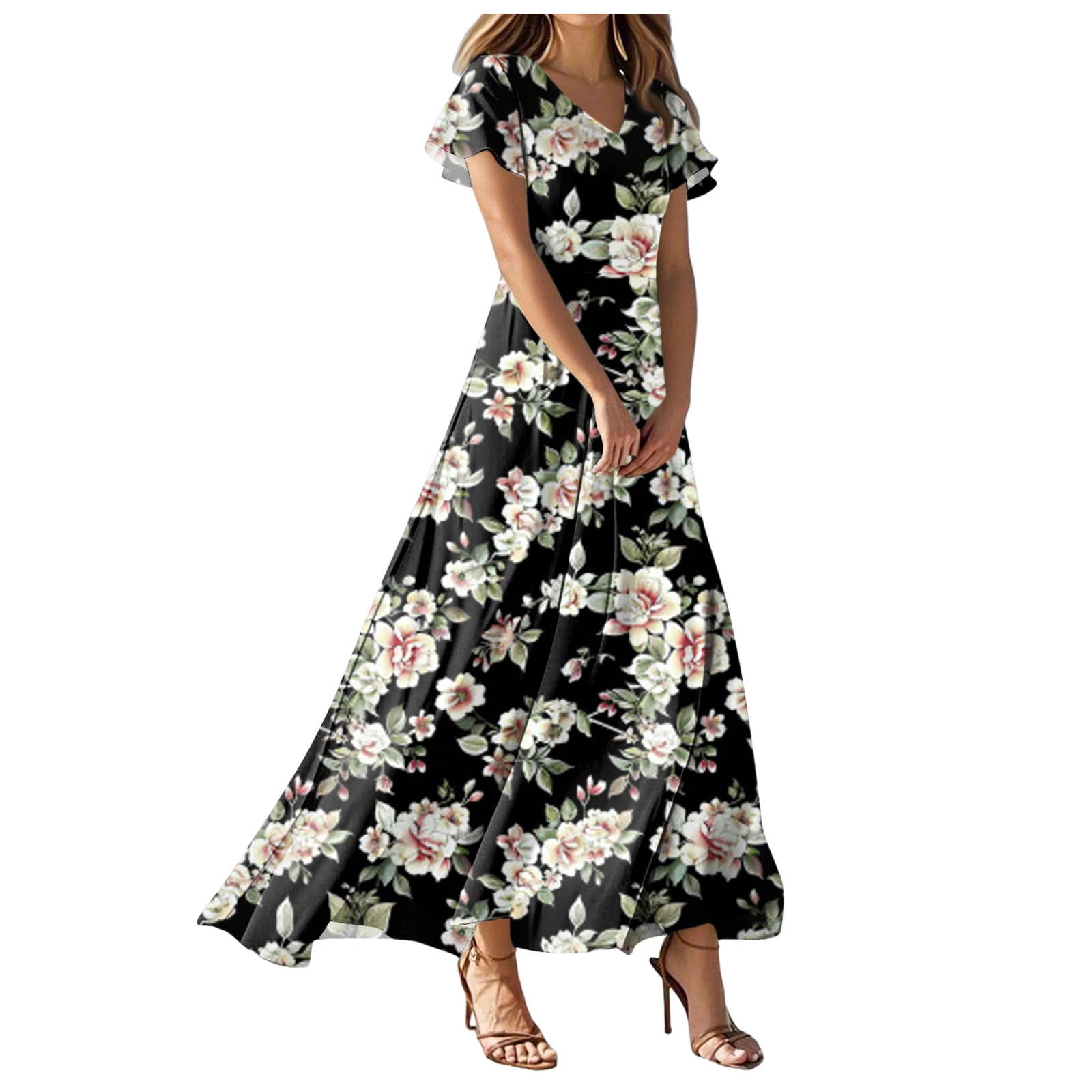 vigerkar Floral Maxi Dresses for Women 2025 Summer Casual Short Sleeve V Neck A Line Long Dress ...