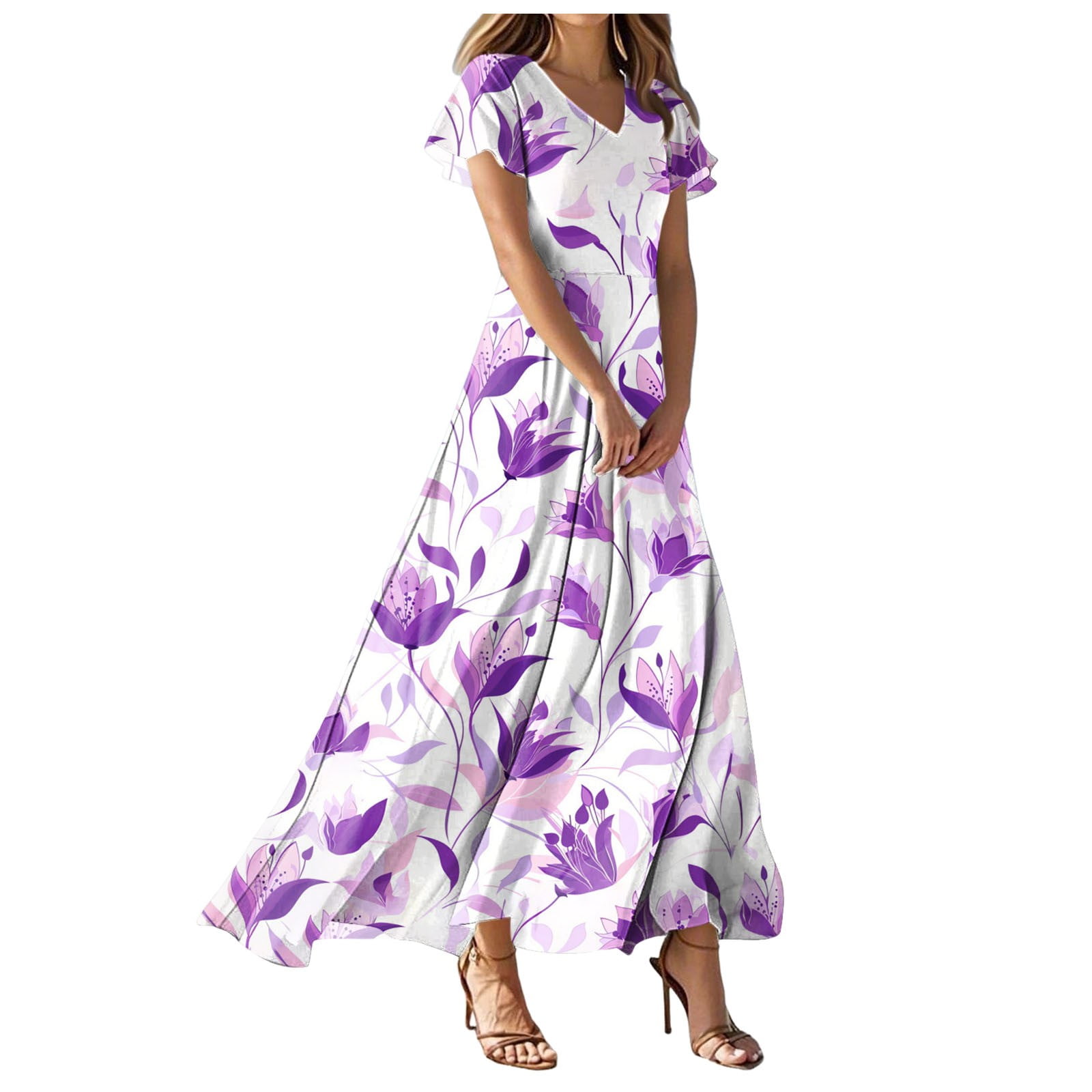vigerkar Floral Maxi Dresses for Women 2025 Summer Casual Short Sleeve V Neck A Line Long Dress ...