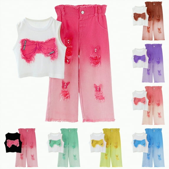 vigerkar Girls 2 Piece Summer Outfits Bow Embroidered Tank Tops and ...