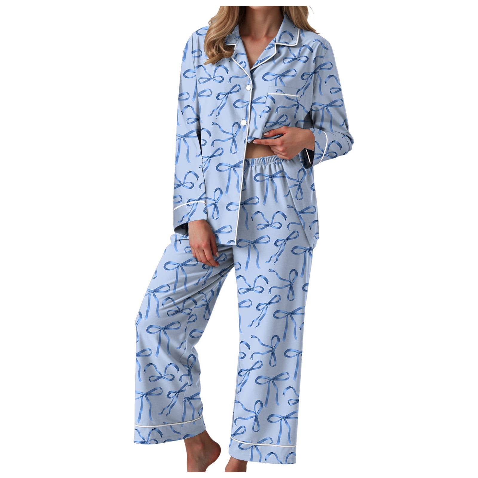 vigerkar Holiday Cute Bow Pajamas Women Silk Satin Pink Heart Print Pjs ...