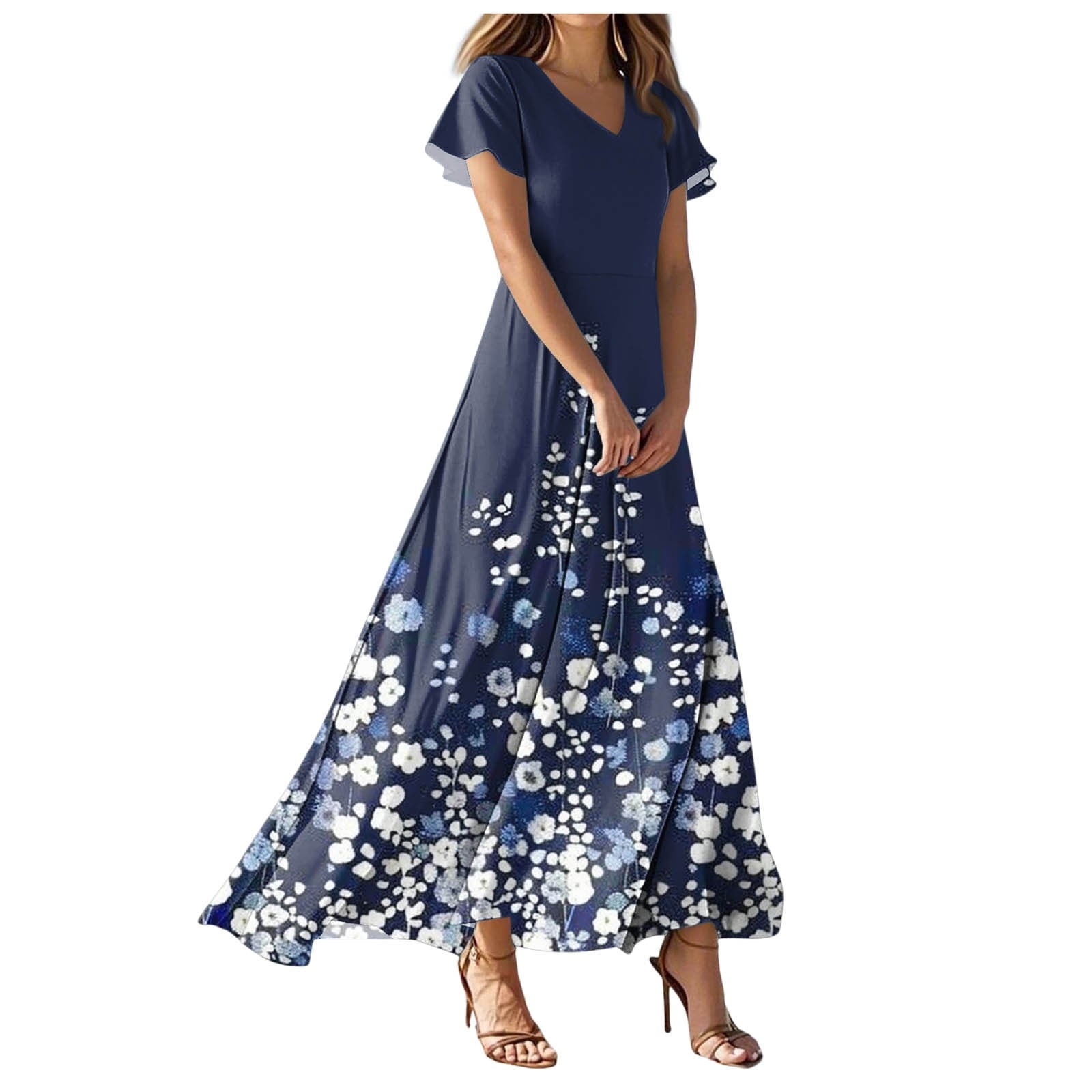 vigerkar Long Maxi Dresses for Women Boho Floral Dress Short Sleeve V Neck Dresses 2025 Dark ...