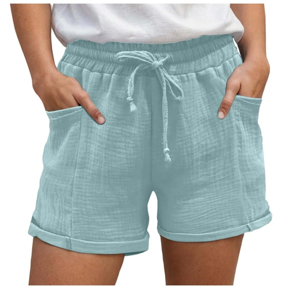 Summer Cotton Linen Shorts for Women Elastic High Waist Casual Solid ...