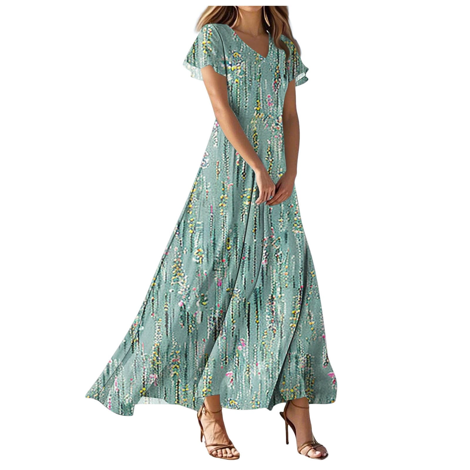 vigerkar Sun Dresses for Women 2025 Vacation V Neck Flowy Boho Floral Maxi Dress Summer Casual ...