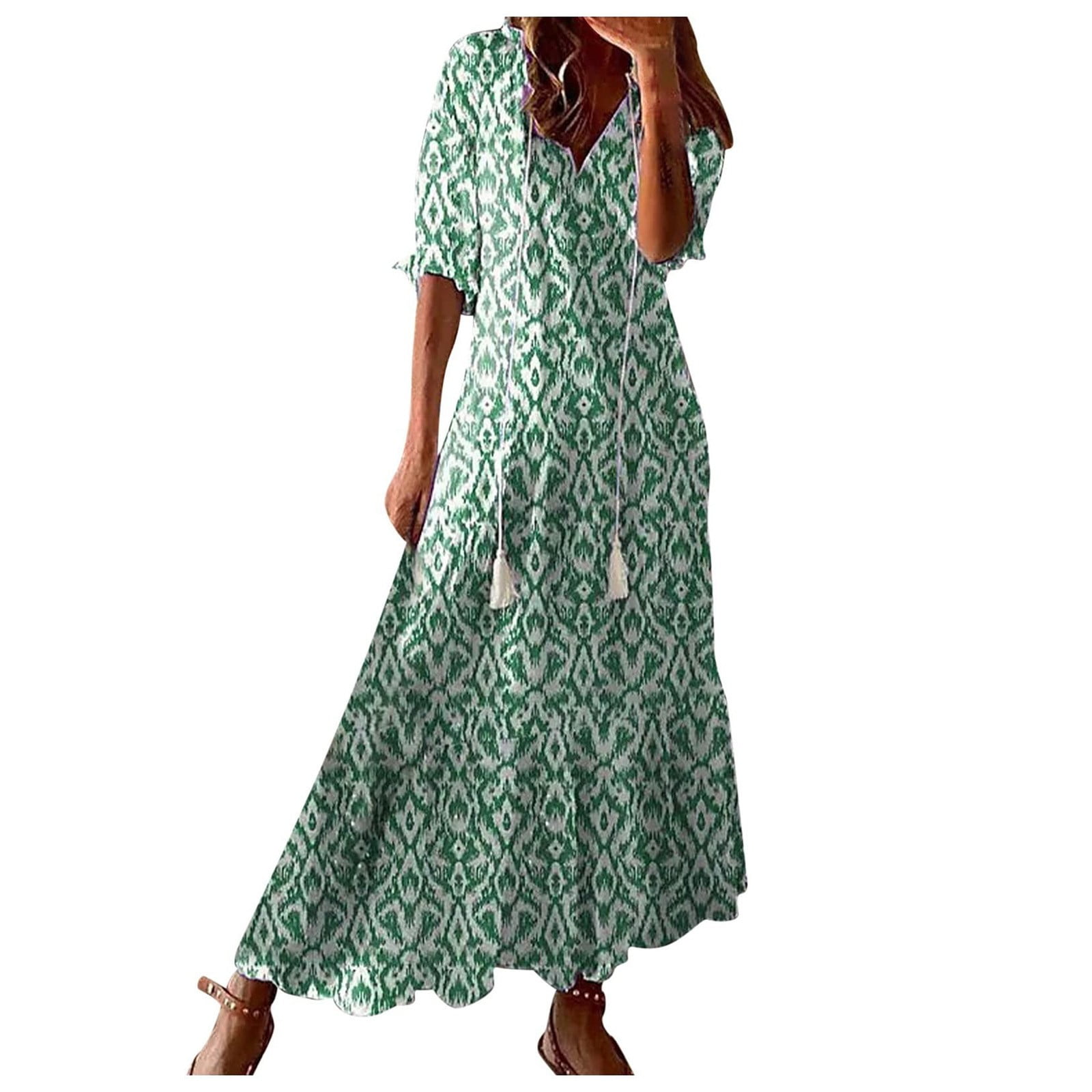 vigerkar Women Boho Summer Maxi Dress Short Sleeve Tassel V Neck Ruffle ...
