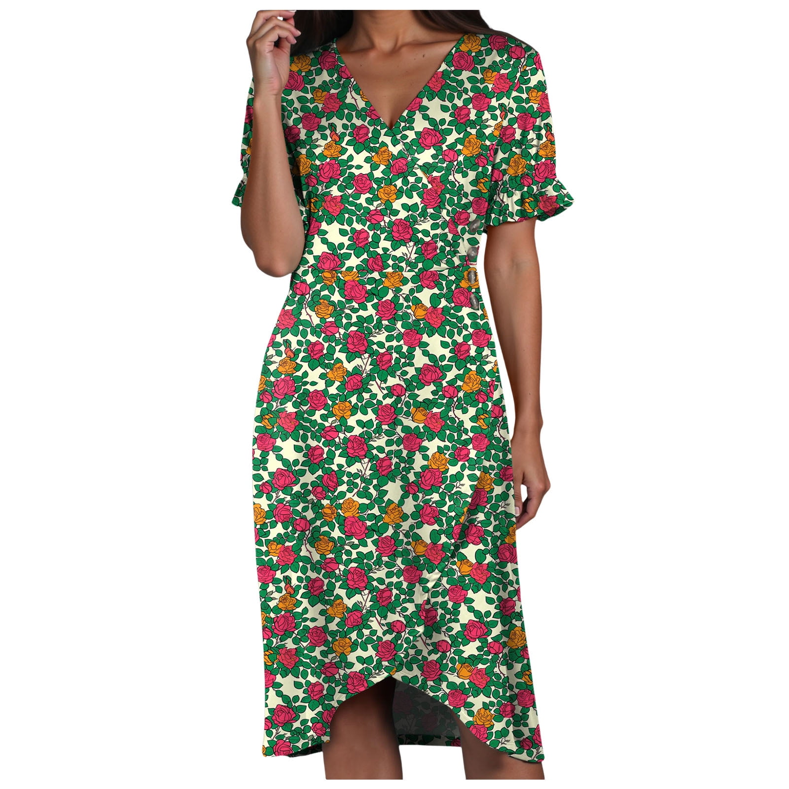 vigerkar Women's 2025 Summer Bohemian Floral Printed V Neck Beach Party Flowy Ruffle Midi Dress ...