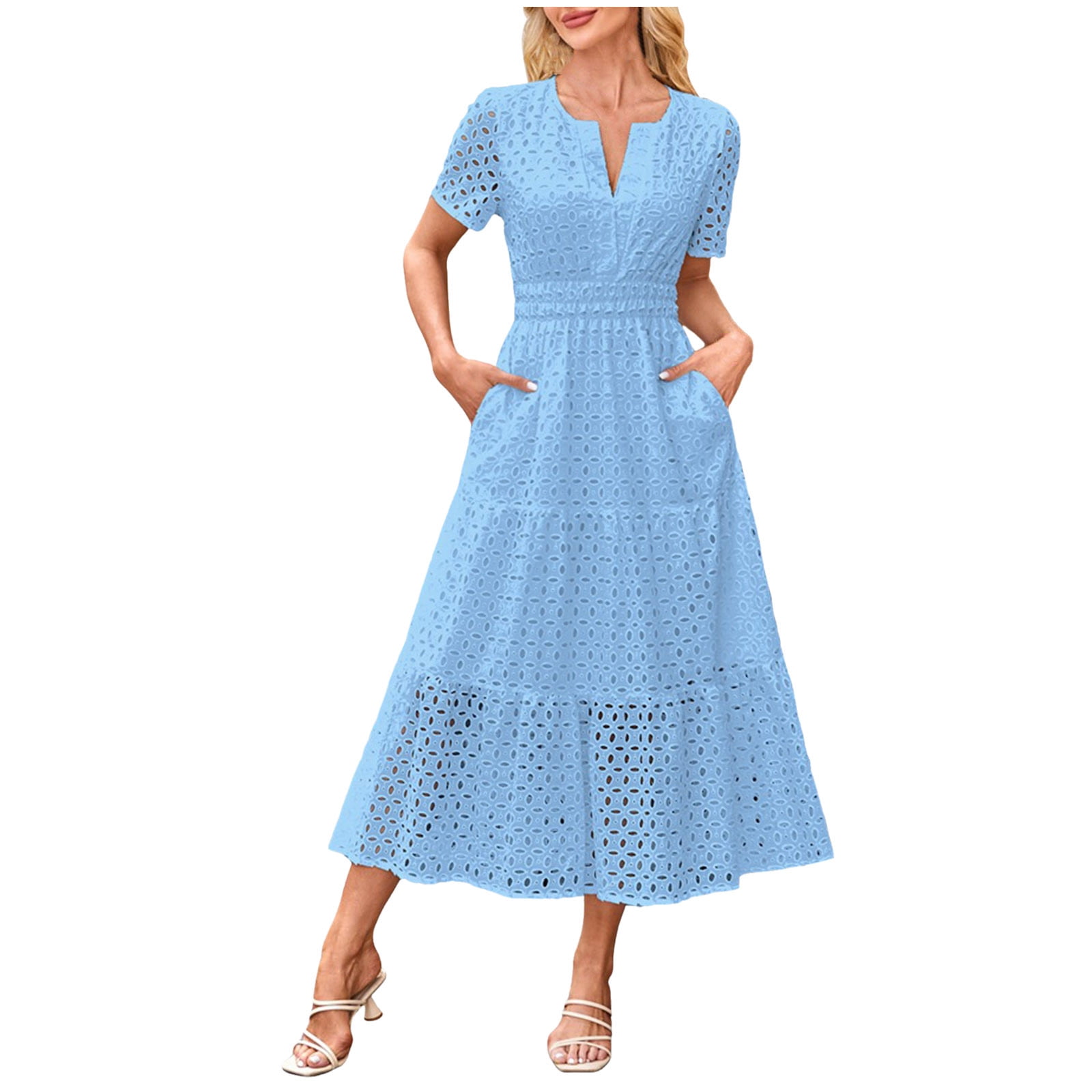 vigerkar Women's 2025 Summer Short Sleeve Maxi Dress Casual V Neck Hollow Out Eyelet Ruffle ...