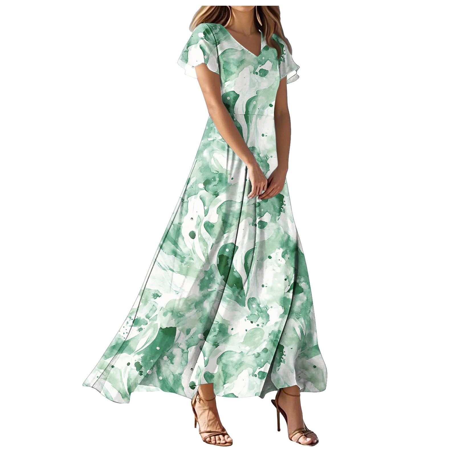 vigerkar Women's Casual V Neck Maxi Dress with Short Sleeve Sexy Elegant Floral Dress Green, L ...