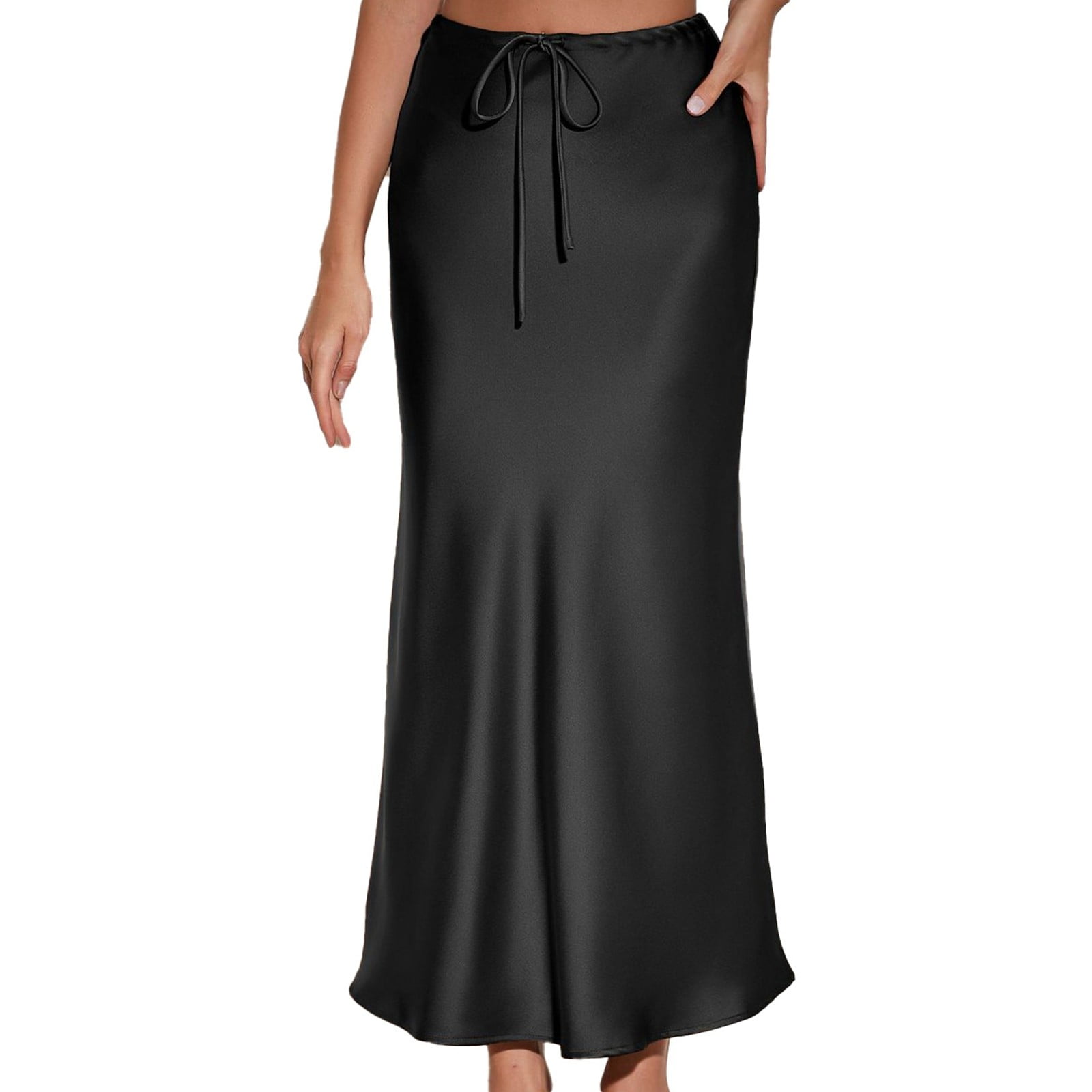 vigerkar Women's Drawstring Satin Maxi Skirt High Waist Silk A Line ...