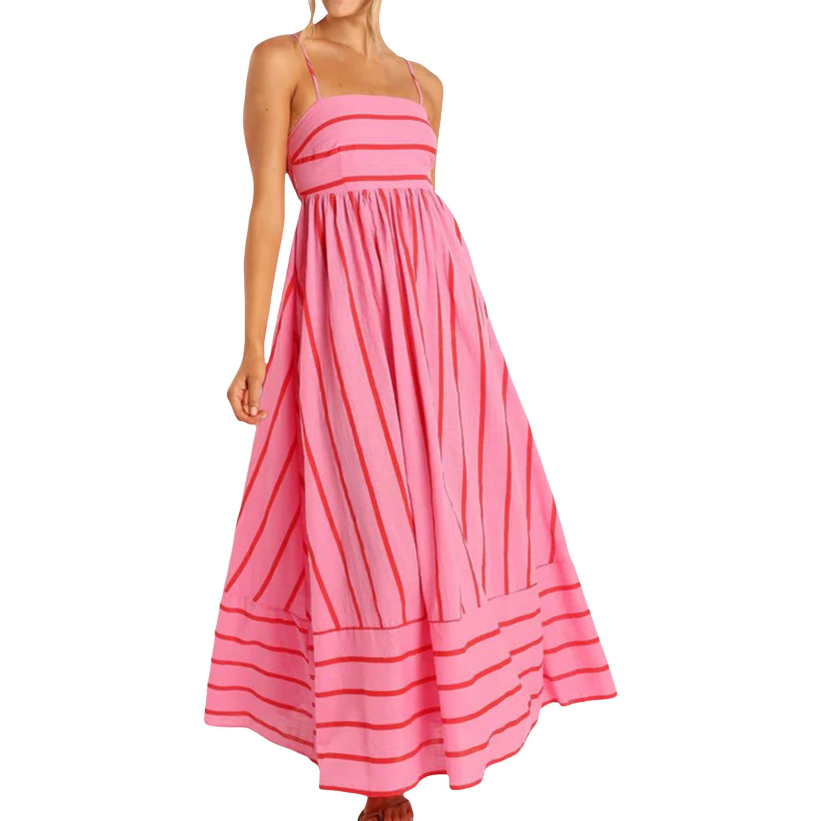 vigerkar Women's Striped Back Smocked Maxi Dress Sexy Spaghetti Strap ...