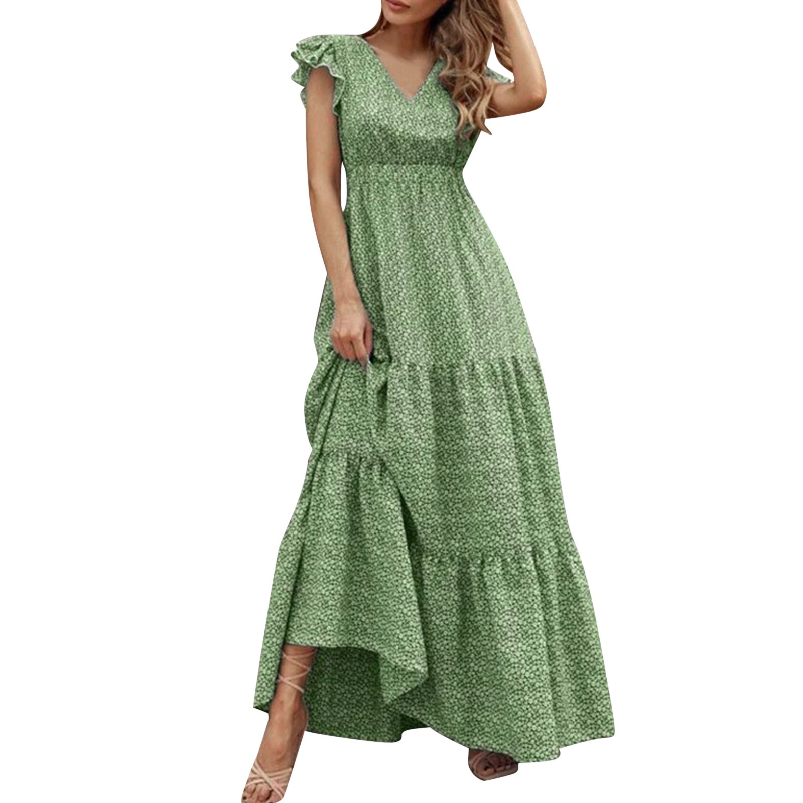 vigerkar Womens 2025 Long Summer Dress Short Flutter Sleeve V Neck Casual Smocked Tiered Modest ...