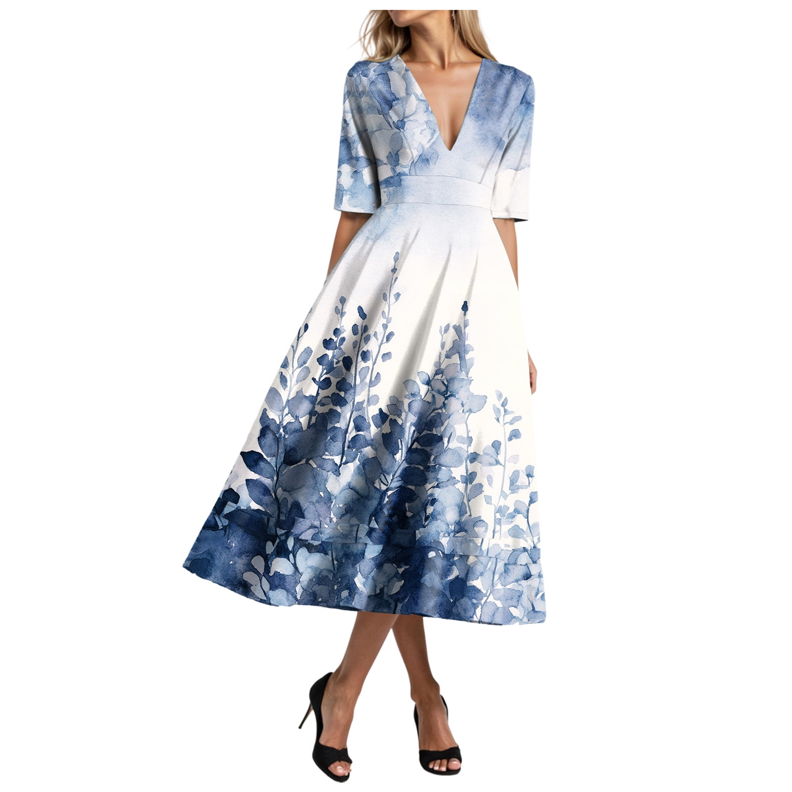 vigerkar Womens 2025 Summer Boho V Neck Floral Print Half Sleeve Dress Casual Flowy Maxi Dresses ...