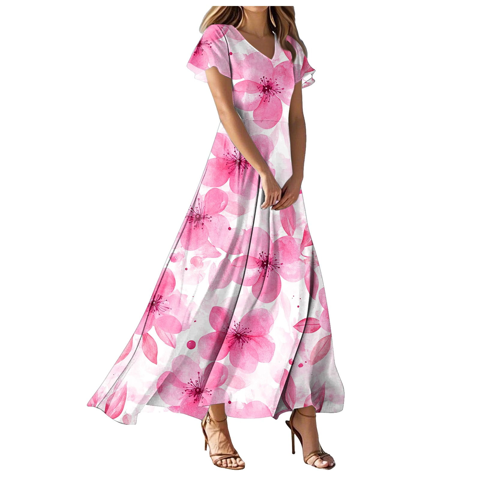 vigerkar Womens 2025 Summer Casual V Neck Boho Maxi Dress Flowy Aline Short Sleeve Tiered Floral ...