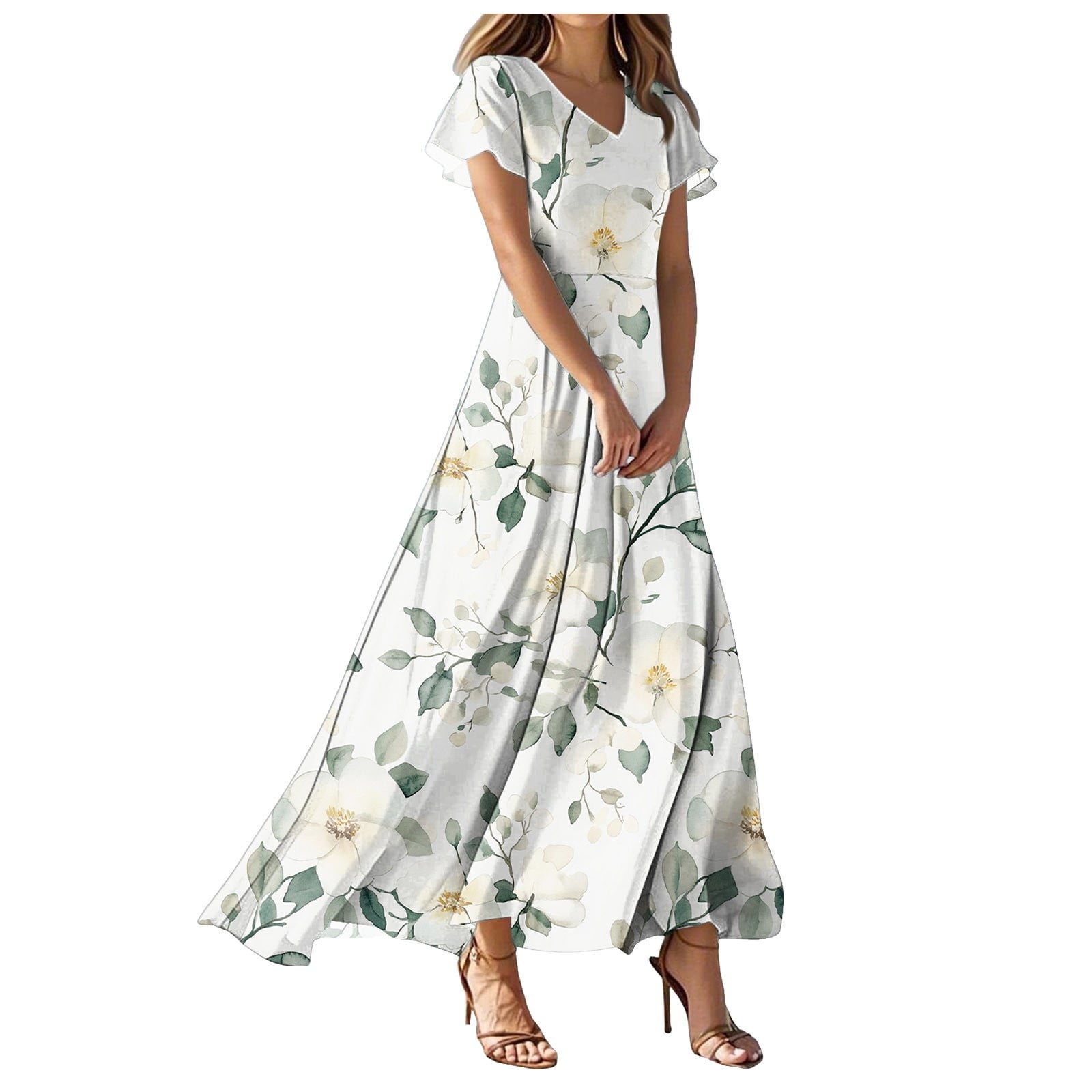 vigerkar Womens 2025 Summer Casual V Neck Boho Maxi Dress Flowy Aline Short Sleeve Tiered Floral ...
