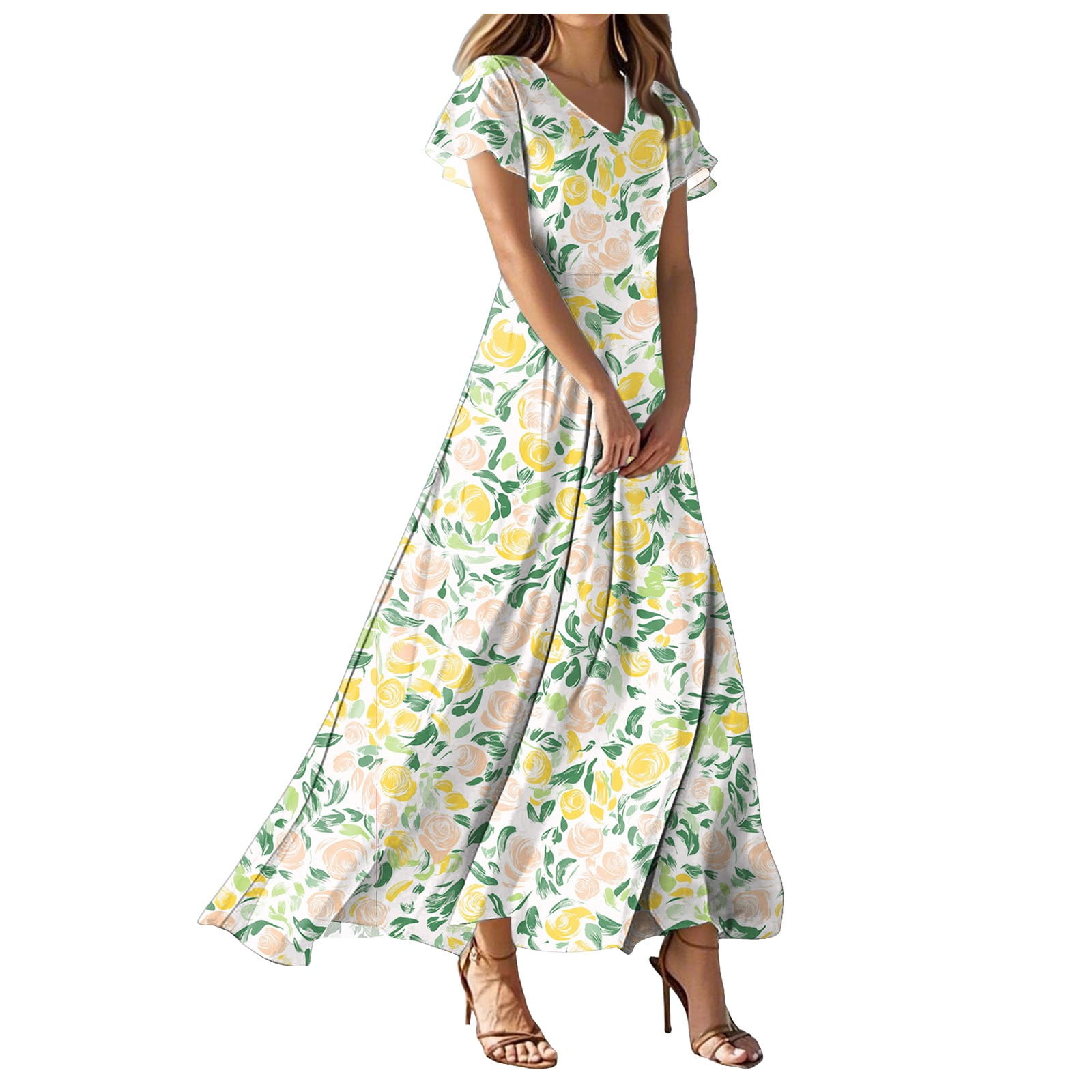 vigerkar Womens 2025 Summer Casual V Neck Boho Maxi Dress Flowy Aline Short Sleeve Tiered Floral ...