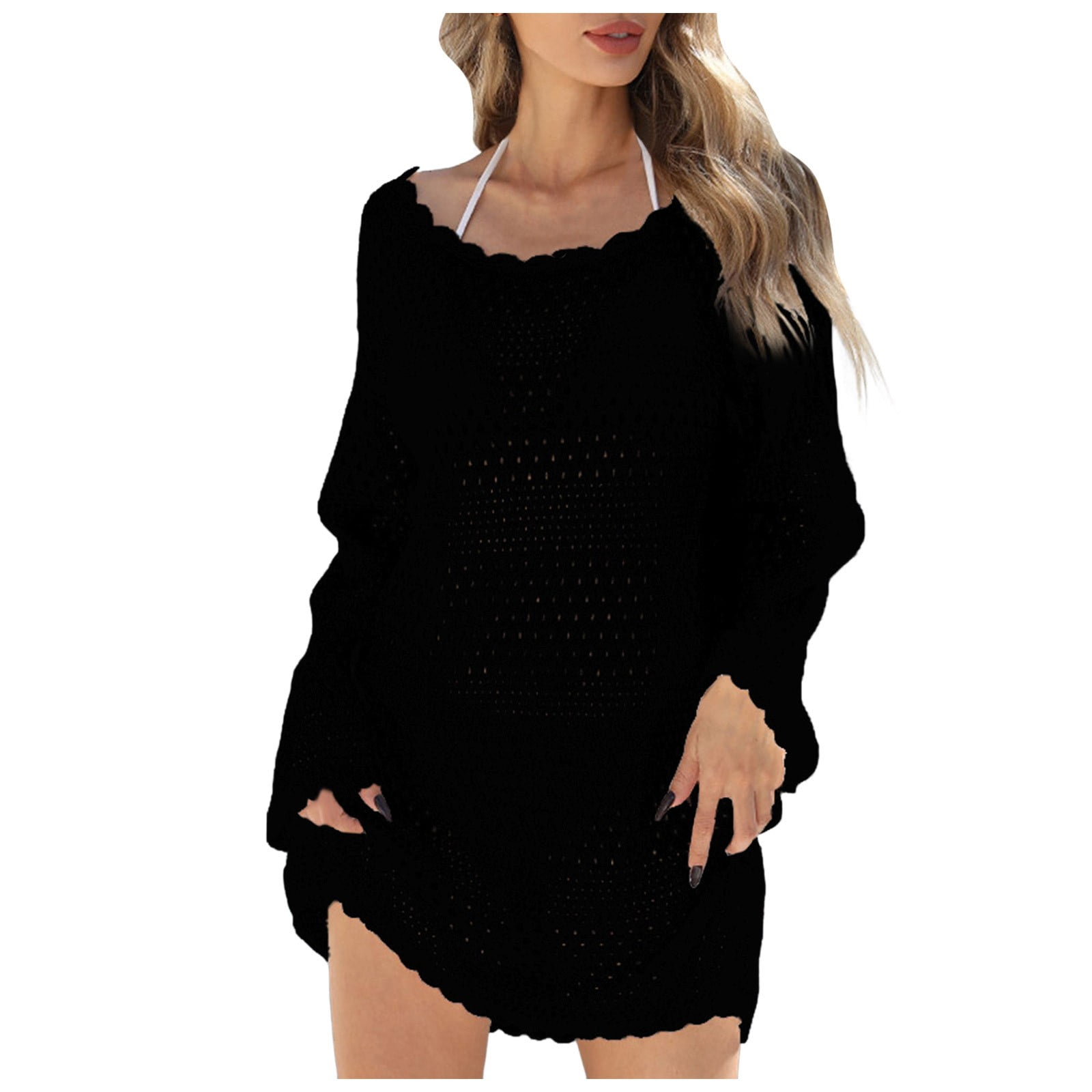 vigerkar Womens Crochet Bathing Suits Cover Up Boat Neck Mesh Knit ...